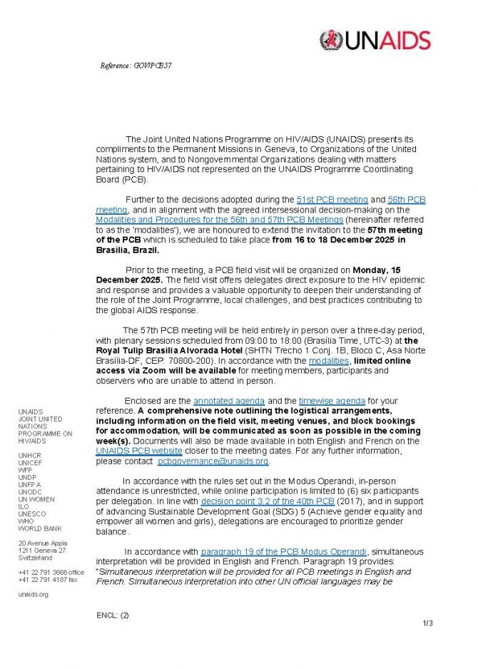 57th meeting, UNAIDS Programme Coordinating Board, 16-18 December 2025 | UNAIDS